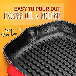 NutriChef Nonstick Cast Iron Grill Pan - 11-Inch Kitchen Square Cast Iron Skillet Grilling Pan, Enameled Cast Iron Skillet Steak Pan w/ Side Drip Spout For Electric Stovetop, Induction, Gas -