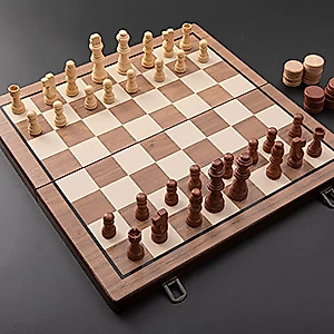 SOLENGMILY 15" Upgraded Large Wooden Magnetic Chess Board Set,Felt Interior with Storage Slots for Pieces,Includes 2 Extra 3" Queens、Chess Book & Carry Bag.Best Beginner Chess Sets for Adults & Kids