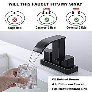 JXMMP 4 inch Centerset Bathroom Faucet, Stainless Steel 2 Handle Oil Rubbed Bronze Waterfall Bathroom Faucet for Sink with Pop Up Drain and Supply Lines, Modern Bathroom Faucets