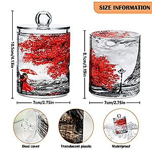 MCHIVER Valentine's Day Lovers Paris Bathroom Canisters Organizer 2 Pack Clear Plastic Jars with Lids 10 Oz Vanity Organizer for Cotton Swab Round Pads Ball Floss