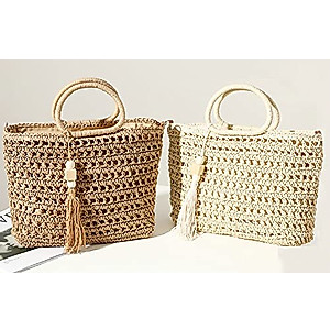 Straw Woven Handbag for Women Lightweight Casual Straw Crossbody Bag Purse Handmade Straw Tote with Tassel