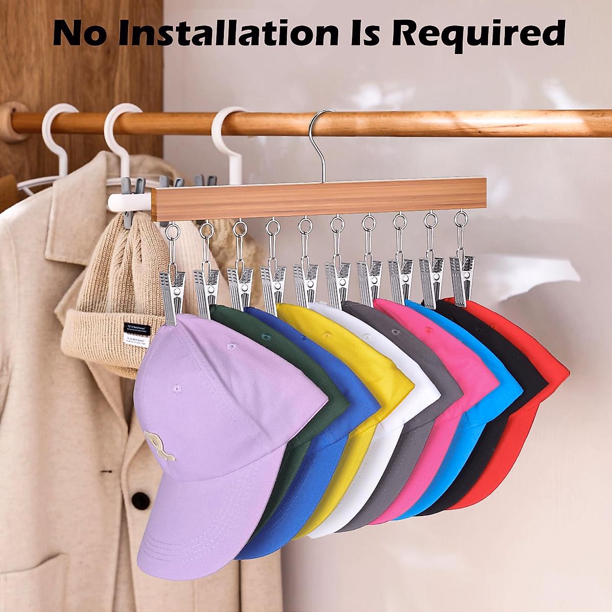 HzTinT Hat Organizer for Baseball Caps, Hat Hanger for Wall & Closet, 360° Swivel, 2 Pack Hat Rack with 10 Traceless Clips for Hat Storage, Fits All Caps & Belts, for Men and Women Gift