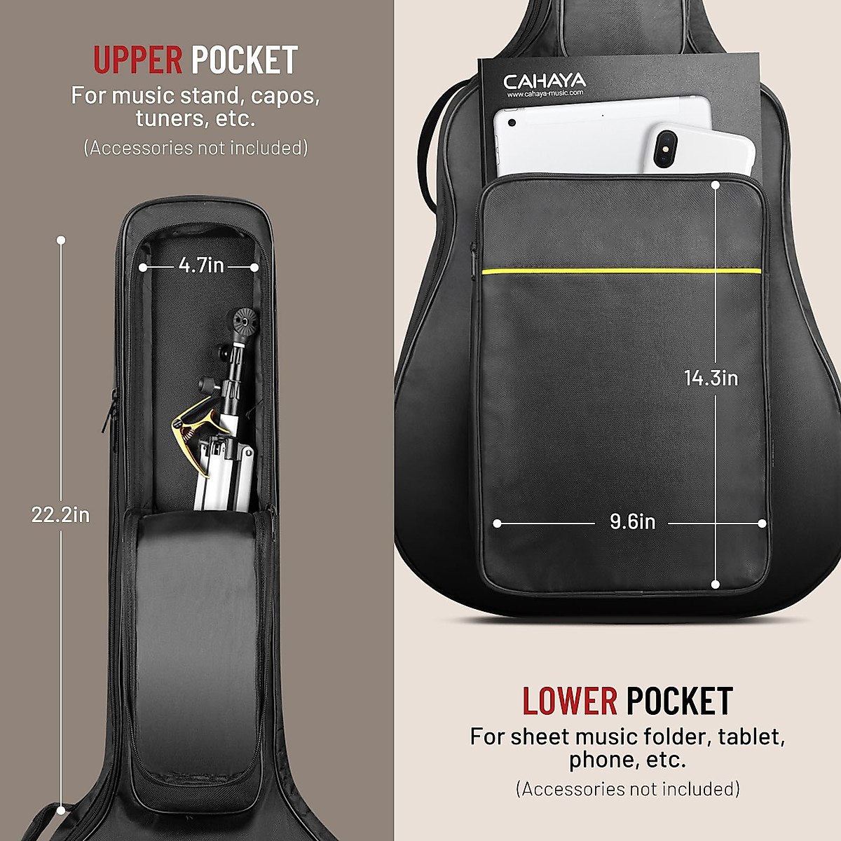 CAHAYA Acoustic Guitar Case: Gig Bag Soft Padded 41 In Water-resistent Guitar Backpack with Back Handle Loop and Large Top Pocket 0.3 In Thick Black CY0177