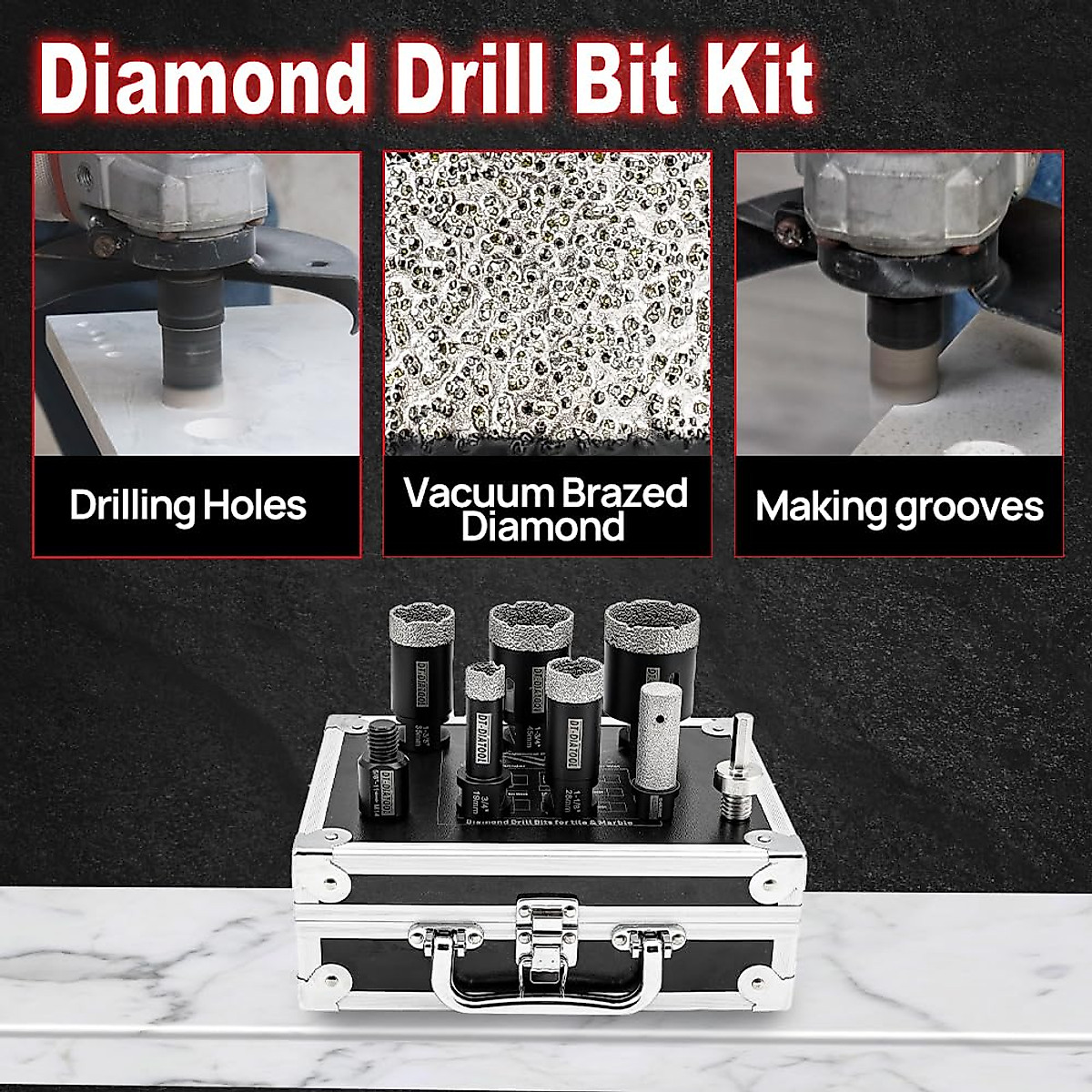 DT-DIATOOL Tile Hole Saw Kit Diamond Core Drill Bits Kit 19/28/35/45/51mm with Diamond Finger Bit 20mm and 2 Adapters for Porcelain Tile Ceramic Marble Granite Diamond Hole Saw Kit