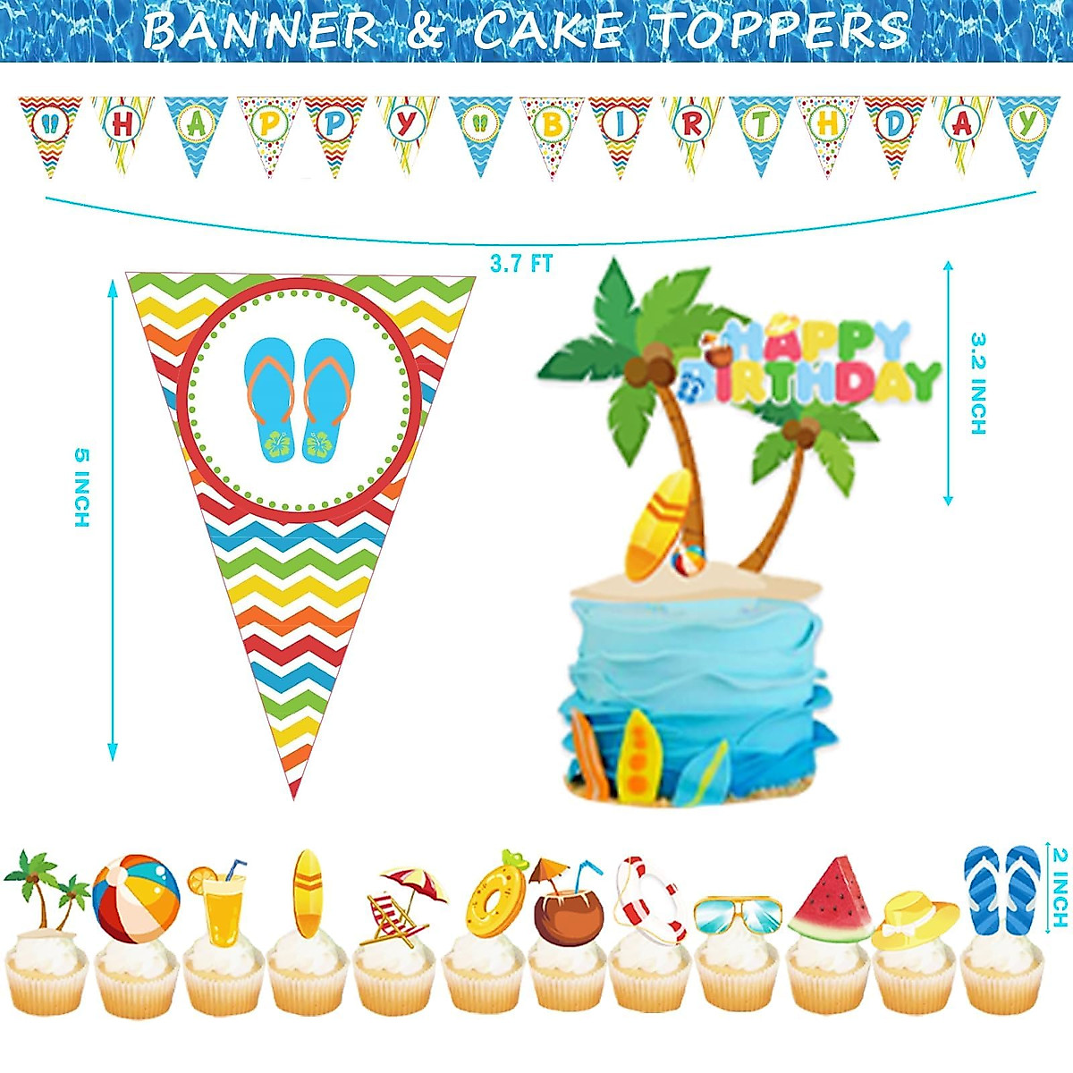 Hombae Pool Party Decorations, Summer Beach Swimming Themed Birthday Supplies Backdrop Balloon Banner Tablecloth Cake Topper Plate Napkin Cup Straw Knife Fork Spoon Cool Blue Tableware 205 PCs