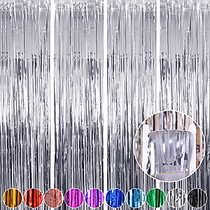 Fringe Curtains Party Decorations, Tinsel Streamers Birthday Party Decorations, Fringe Backdrop for Graduation, Baby Shower, Gender Reveal, Disco Party (4 Pack, Silver)