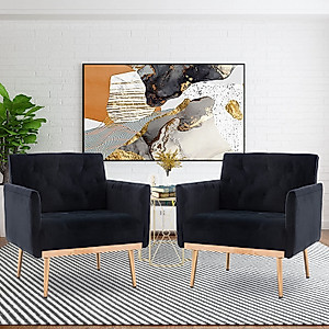 SSLine Modern Upholstered Velvet Accent Armchair Button Tufted Single Sofa Chair for Living Room Mid-Century Home Office Guest Arm Chair with Rose Gold Metal Legs (Black)