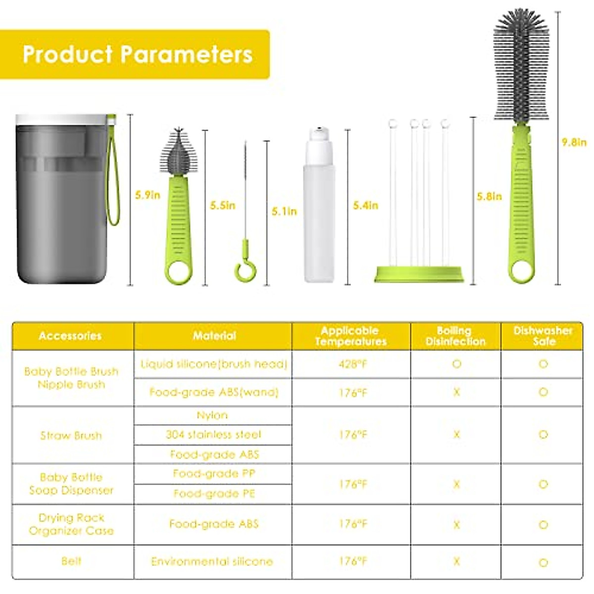 Winforhour Baby Bottle Brush Set with Silicone Bottle Cleaner and Drying Rack, Baby Travel Essential, Gift for New Parents, Green