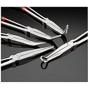 RUNIGOO 5 Piece Long Reach Plier Set - 11” Long Needle Nose Pliers Sets - Straight, 25, 45, 90-Degree Angle, Long Reach Bent Circle Pliers for Hard-to-Reach Narrow Spaces