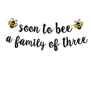 KUNGOON Soon To Bee a Family of three Banner, Welcome Baby Party Banner,Bumble Bee Theme Baby Shower/Mommy to Bee/Daddy to Bee Party Supplies Decoration(Black).