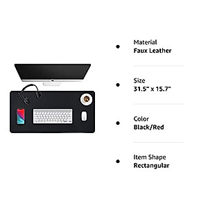 Dual Sided Leather Desk Pad (31.5 x 15.7"), Office Waterproof Desk Mat, PU Mouse Pad, Desk Protector Cover, Desk Writing Mat for Office/Home/Work/Cubicle (Black/Red)