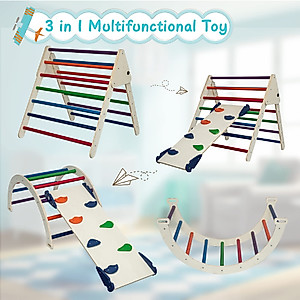 3 in 1 Foldable Triangle Ladder, Pikler Triangle Climber with Ramp, Sturdy Wooden Toddler Climbing Toys for Toddlers 1-3. with Climbing Triangle/Arch/ramp.Multicolour…
