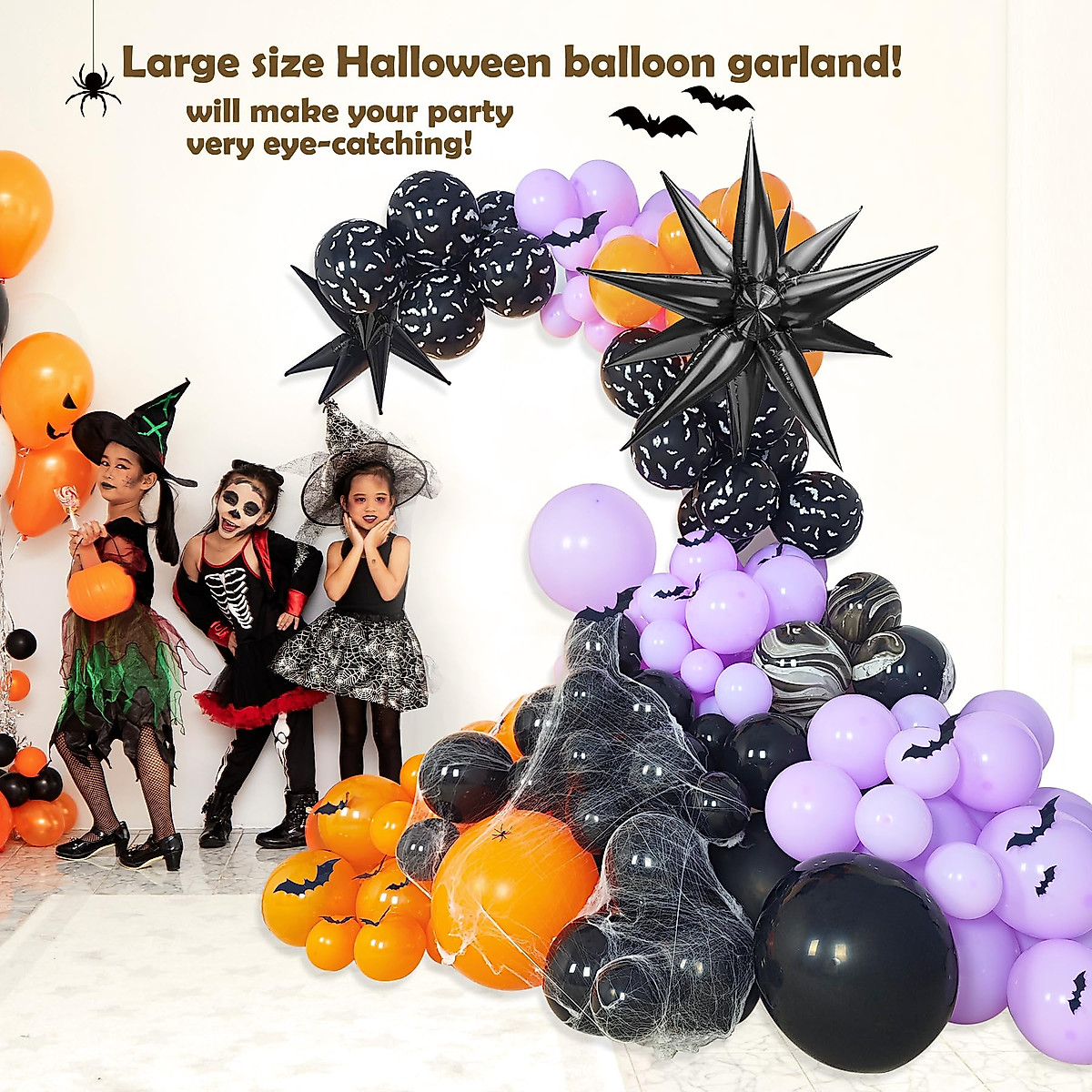 187pcs Halloween Balloon Garland Arch Kit, Halloween Decorations Party Supplies, Large Size Halloween Balloon Garland with Halloween 3D Bat Sticker, Halloween Spider Web