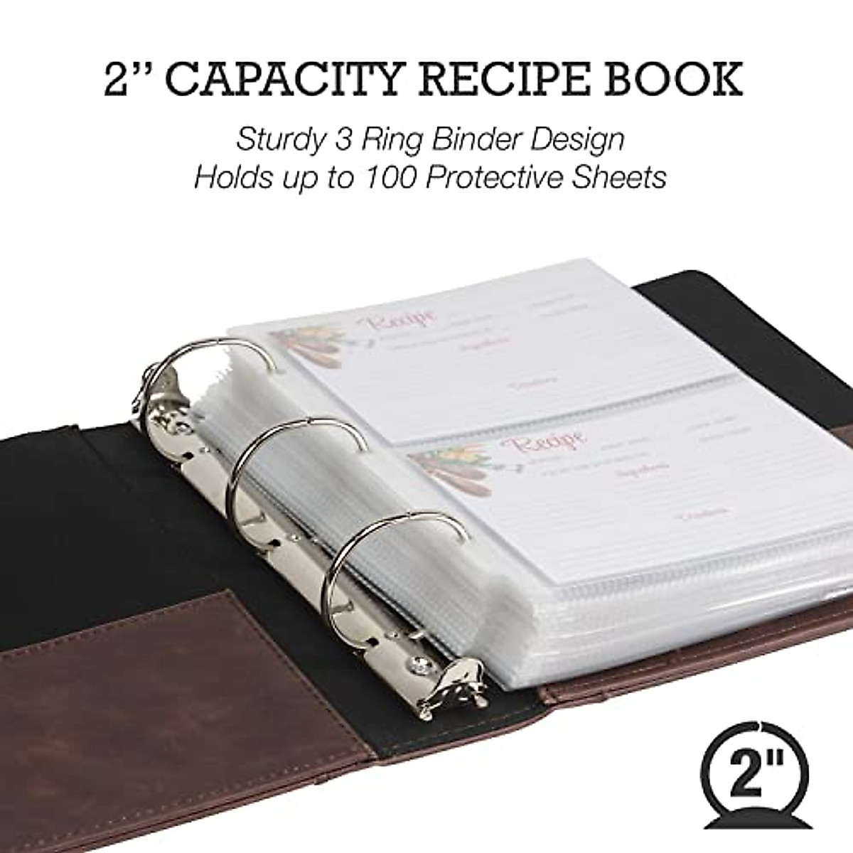 Samsill 2" Junior Recipe Binder Set, Complete with 50 Pack 4" x 6" Recipe Card Sleeves, and 8 Custom Dividers, Faux Brown Leather
