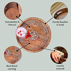 ARIJA Rustic Round Wooden Trays,Serving Tray with Handles - Food Serving Trays Ottoman Tray for Living Room- Rustic Home décor, Boho Décor Serving Tray Size 12 inch