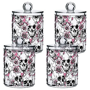 MNSRUU 2 Pack Qtip Holder Organizer Dispenser Pink Floral Skull Bathroom Storage Canister Cotton Ball Holder Bathroom Containers for Cotton Swabs/Pads/Floss