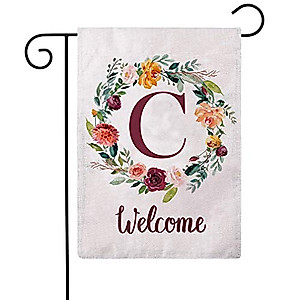 ULOVE LOVE YOURSELF Letter C Garden Flag with Flowers Wreath Double Sided Print Welcome Garden Flags Outdoor House Yard Flags 12.5 x 18 Inch
