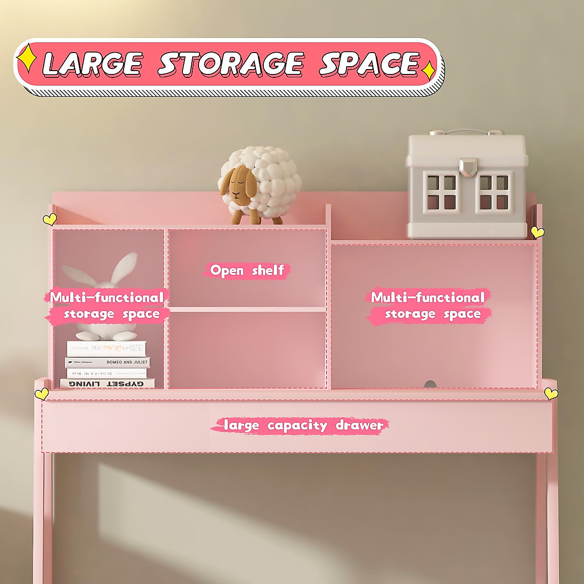 SANYOAC Adjustable Height Kids Desk and Chair Set 5-8 Year Old, Wooden Study Table for Kids, Student Study Desks Art Desk for Bedroom Study Room (Peach Pink)