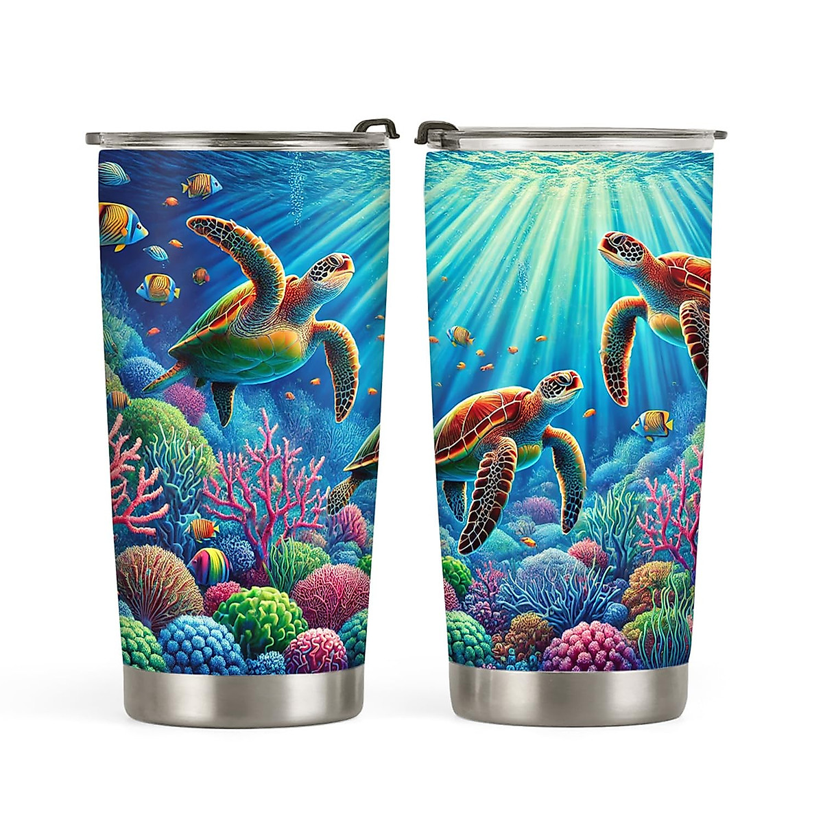 20oz Sea Turtle Tumbler, Gifts for Turtles Lovers, Ocean, Beach Gifts, Coffee Thermos for Women, Men, Stainless Steel Double Wall Vacuum Insulated Coffee Mug, Travel Cup with Lid