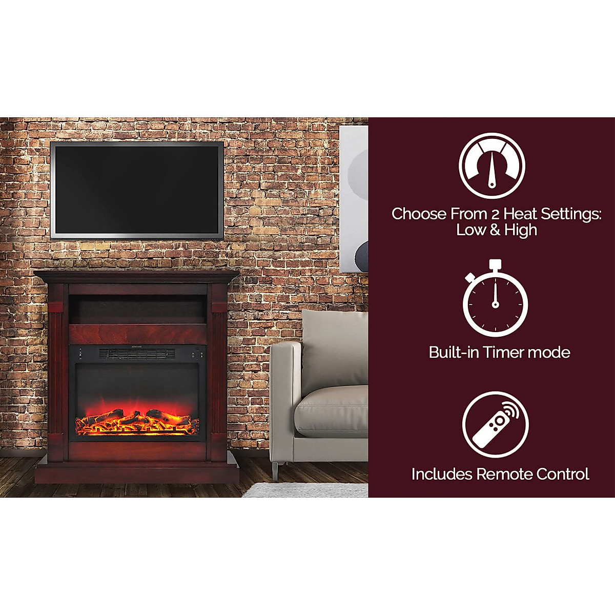 Cambridge Electric Fireplace Insert for Mantel with Realistic Flames & Enhanced Charred Log Display with Remote Control, Modern Indoor Heating for Home & Rooms up to 210 Sq.Ft. (23" x 17.1" x 5")