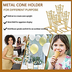 BLBYHO Single Metal Gold Ice Cream Cone Holder Stand, Individua Waffle Cone Holder Sushi Hand Roll Stand for Standard Size Ice Cream Cones Appetizer Charcuterie Cones, Sugar Cones, Sushi (4 Pack)