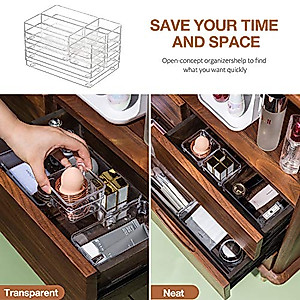 KPX 16pcs Makeup Drawer Organizer Set, Clear Plastic Desk Drawer Dividers, 5-Size Vanity Cosmetic Trays with Non-Slip Pads, Storage Bins for Kitchen Utensil,Jewelries and Office Accessories (16)