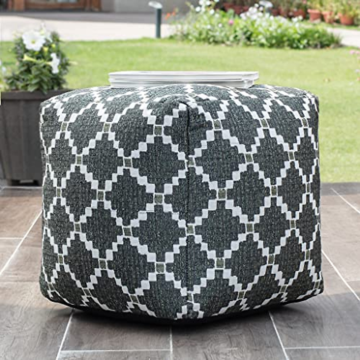 Anji Mountain Square Outdoor Pouf, Deschutes Green, 18" x 18" x 18",Green/Ivory