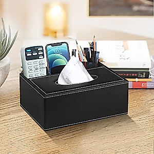 Multi-Functional Tissue Box Cover Rectangle, Leather Decorative Napkin Dispenser Organizer Caddy with 3 TV Remote Control Holder Compartments Bathroom, Modern Office Desk Decor and Accessories, Black