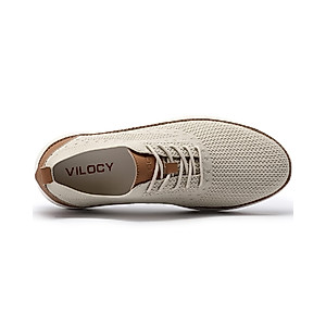 VILOCY Men's Casual Dress Sneakers Oxfords Business Shoes Lace Up Lightweight Comfortable Breathable Walking Knit Mesh Fashion Sneakers Tennis Beige,EU44