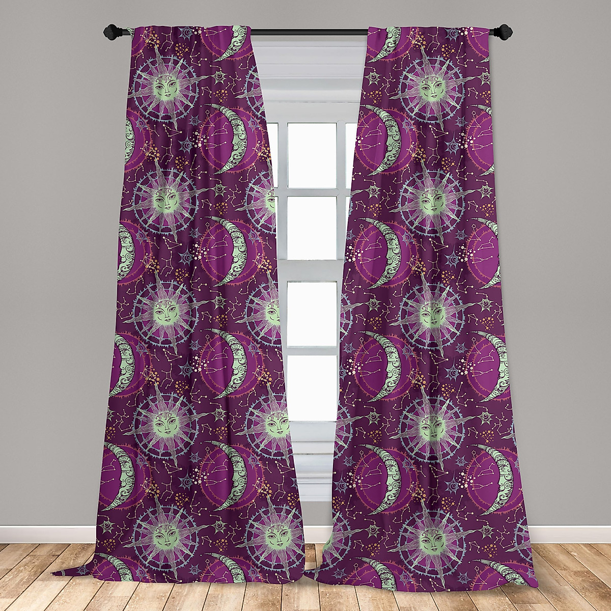 Lunarable Sun and Moon Window Curtains, Celestial Fantasy Composition with Constellations on Purple Backdrop, Lightweight Decor 2-Panel Set with Rod Pocket, Pair of - 28" x 63", Multicolor