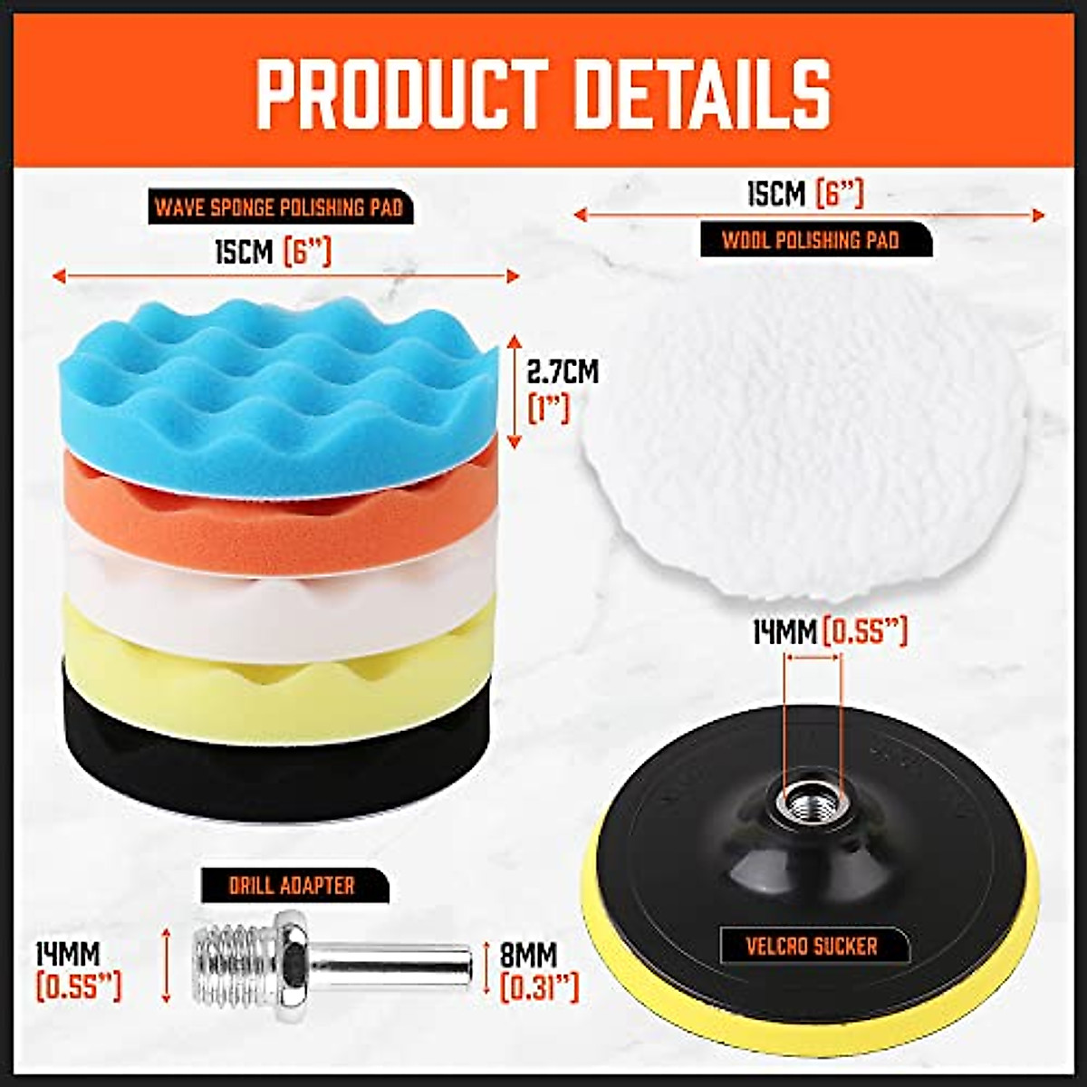 HORUSDY 6" Buffing Pad Kit, Polishing Pad Kit for 6 Inch Backing Plate Compound Buffing Sponge and Woolen Pads Cutting Polishing Pad Kit for Car Buffer Polisher, Polishing and Waxing.