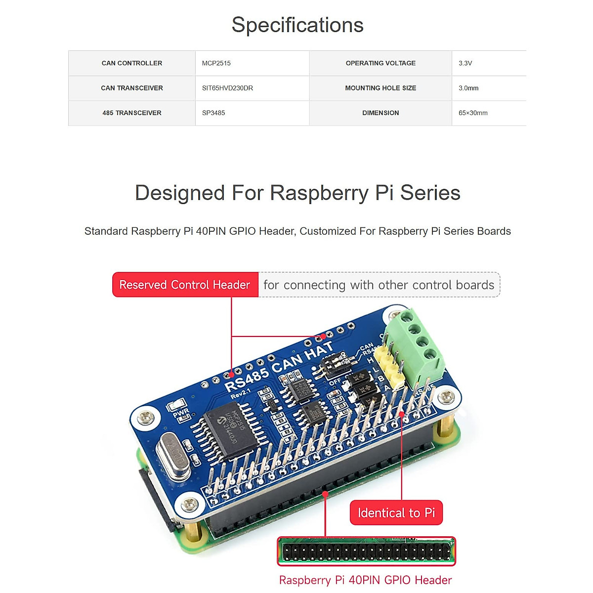 RS485 CAN HAT Stably Long-Distance Communication Functions UART Controlled SPI Interface for Raspberry Pi Zero W WH 2 3 4 Model B B+ @XYGStudy