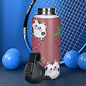 EmroyouYi Strawberry Cow Stainless Steel Sports Water Bottle with Straw Lid Insulated Thermo Mug Gifts for Friends white 32oz