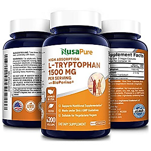 NusaPure L-Tryptophan 1500mg 200 Vegetarian Caps (Non-GMO, Vegan) Bioperine