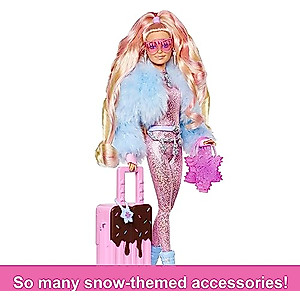 Barbie Extra Fly Doll with Snow-Themed Travel Clothes & Accessories, Sparkly Pink Jumpsuit & Faux Fur Coat