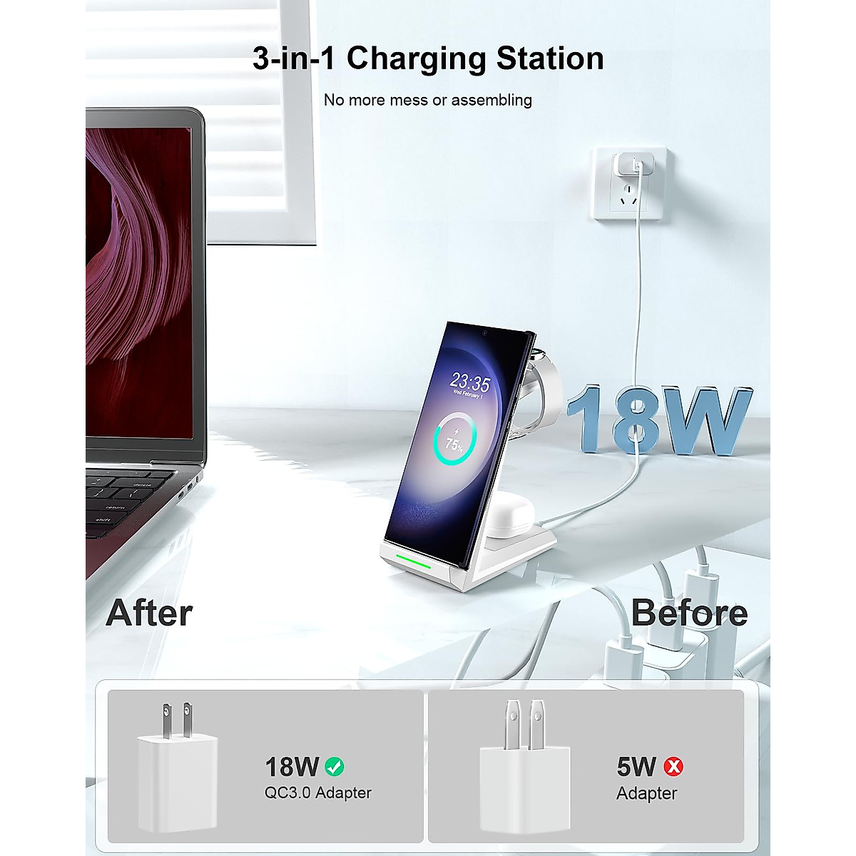 Wireless Charging Station for Samsung - NANAMI 3 in 1 Wireless Charger for Multiple Devices, Fast Charger Stand for Galaxy S24 S23 Ultra S22 S21 Z Flip Fold 4, Watch 6/5/5 Pro/4/3,Galaxy Buds 2 Pro