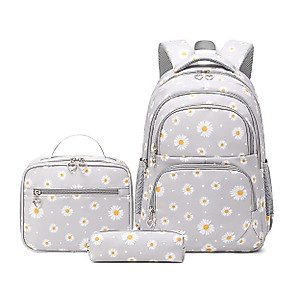 Daisy-Print 3Pcs School Bag Backpack Set for Teen Girls Elementary Middle Kids Waterproof Bookbag with Lunch Bag Pencil Case