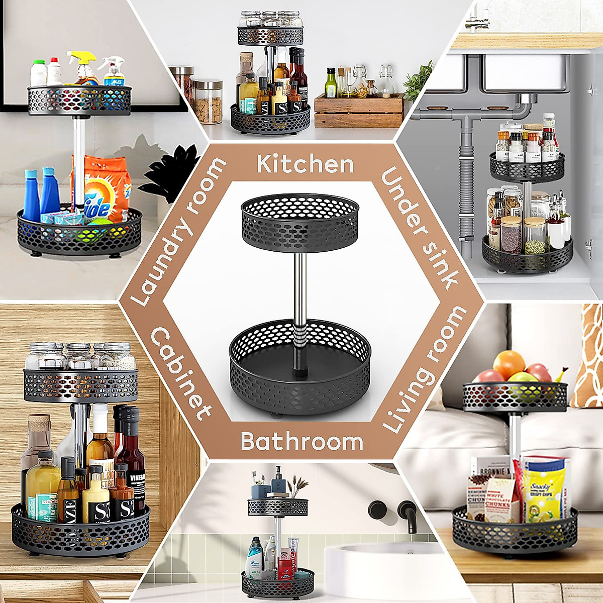 Lazy Susan Organizer 2 Tier Metal Steel, Turntable Height Adjustable, No-Slip Suction Base, Bathroom Kitchen countertop Organizer, Rotating Spice Rack for Cabinet Countertop Pantry, 10" Black