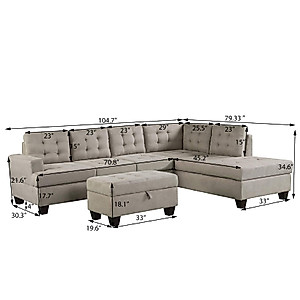 3 Piece Sectional Sofa, L-Shaped Sofa Couch, Living Room Rivet Modern Upholstered Set with Ottoman and Cushions (Gray with Chaise)