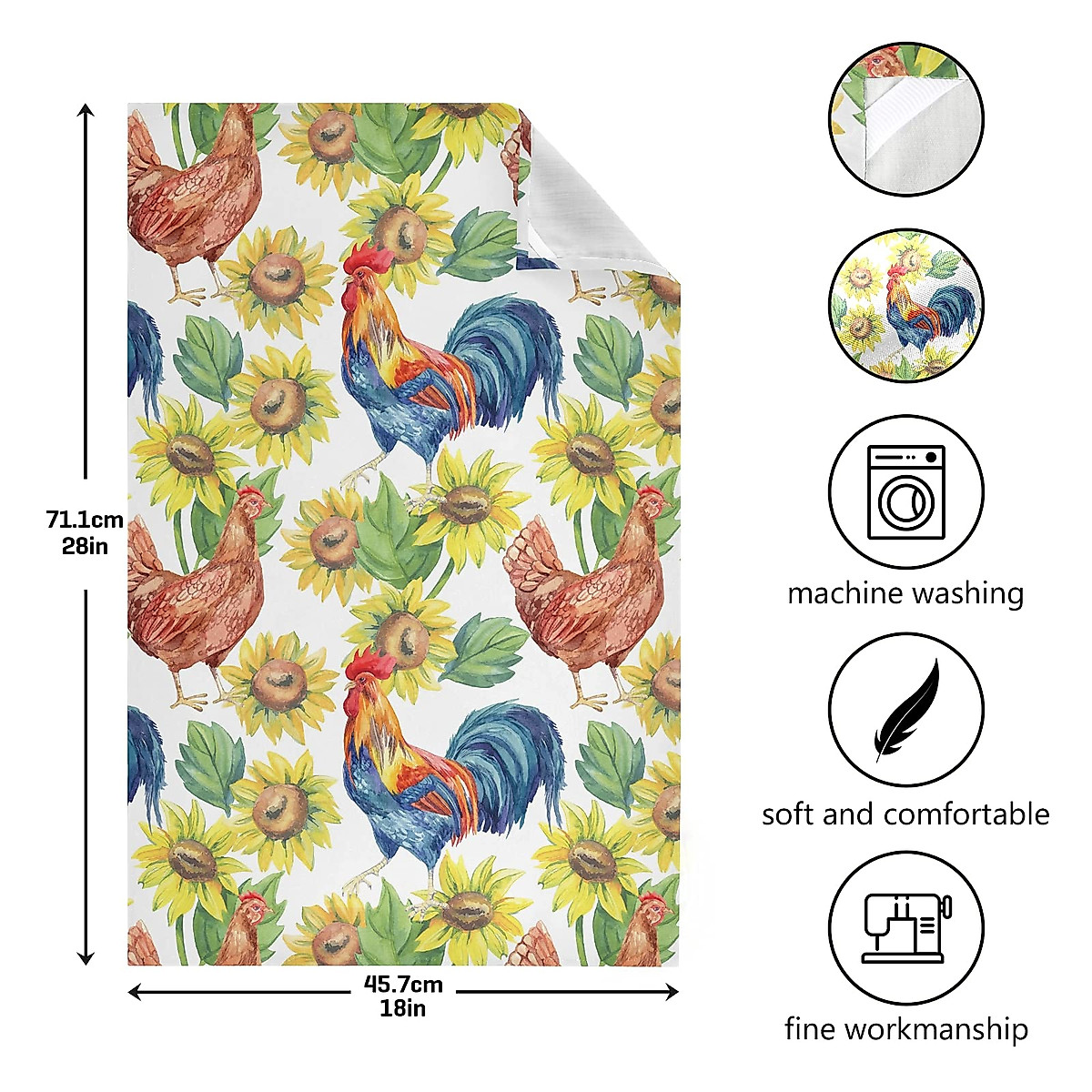 ALAZA Yellow Sunflower Rooster Watercolor Kitchen Towels Dish Bar Tea Towel Dishcloths 1 Pack Super Absorbent Soft 18 x 28 inches