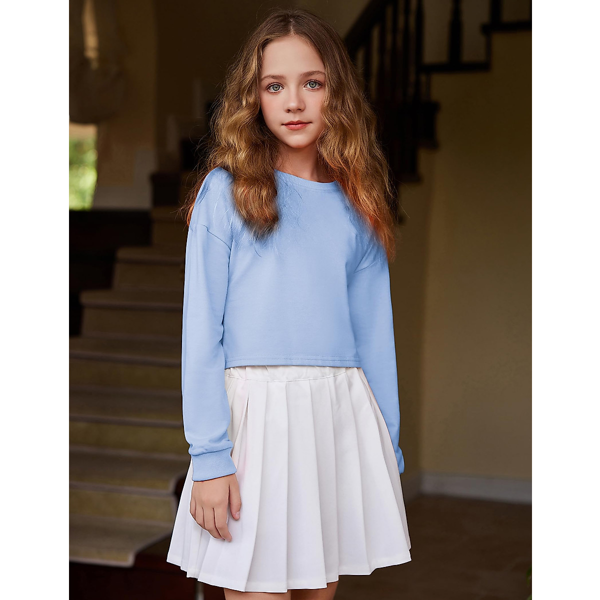 Arshiner Girls Crop Tops Kids Long Sleeve Pullover Sweatshirts Girls Cropped Crewneck Sweatshirt Girls Light Blue Sweatshirt 9 Year Old Girl Clothes