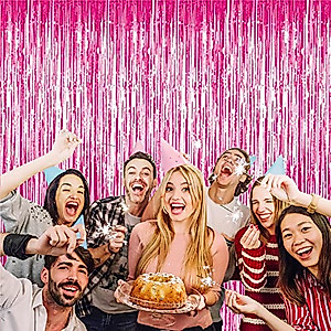 GOER 3.2 ft x 9.8 ft Metallic Tinsel Foil Fringe Curtains Party Photo Backdrop Party Streamers for Galentines Day,Birthday,Graduation,New Year Eve Decorations Wedding Decor (3 Pcs, Hot Pink)