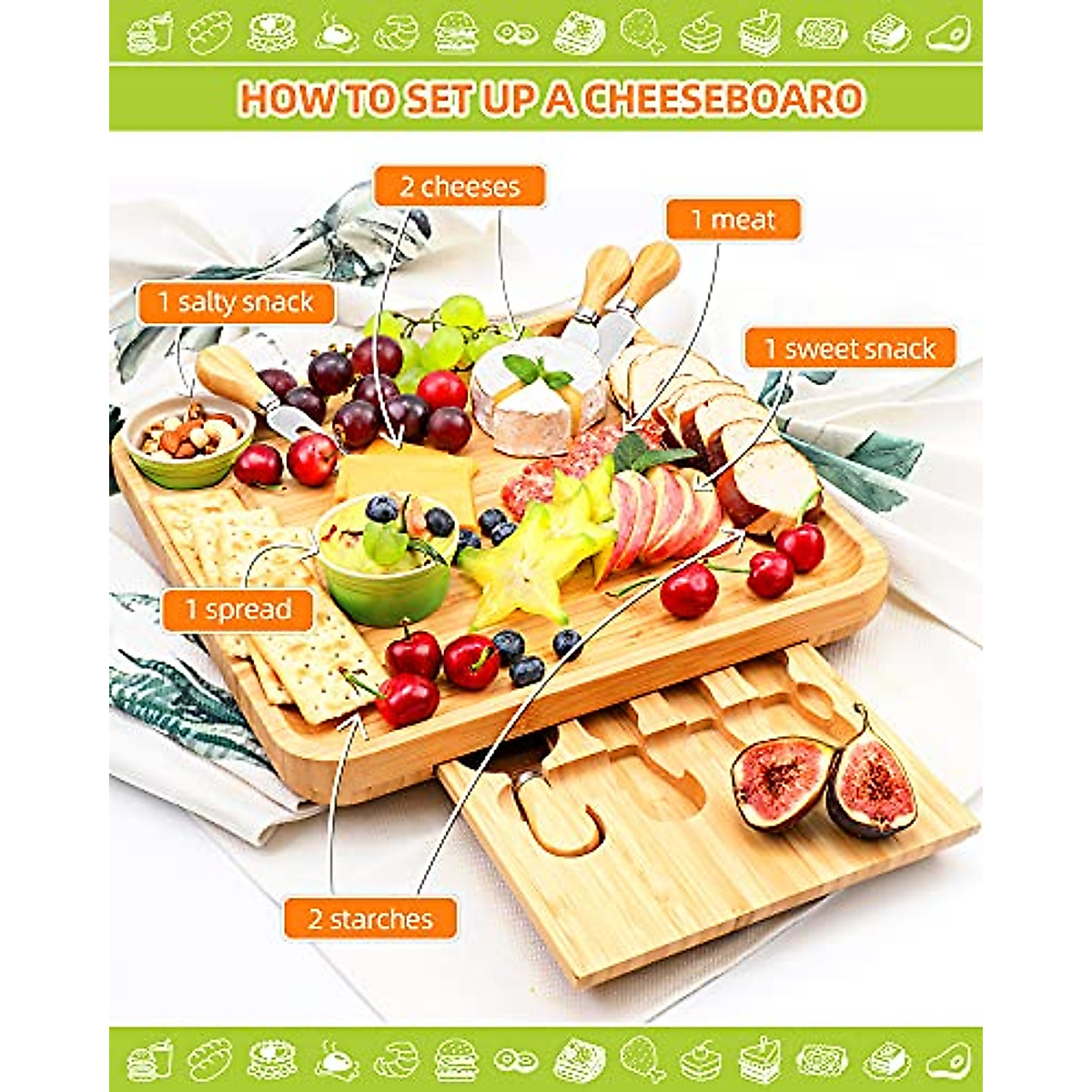 Kunaboo Bamboo Charcuterie Board Set-Green Ramekins-Climate Pledge Friendly Certified Cheese Board with Knife Set (FSC Certified eco-Friendly Bamboo)-Free Travel Canvas Bag-Cheese Boards Gift Set