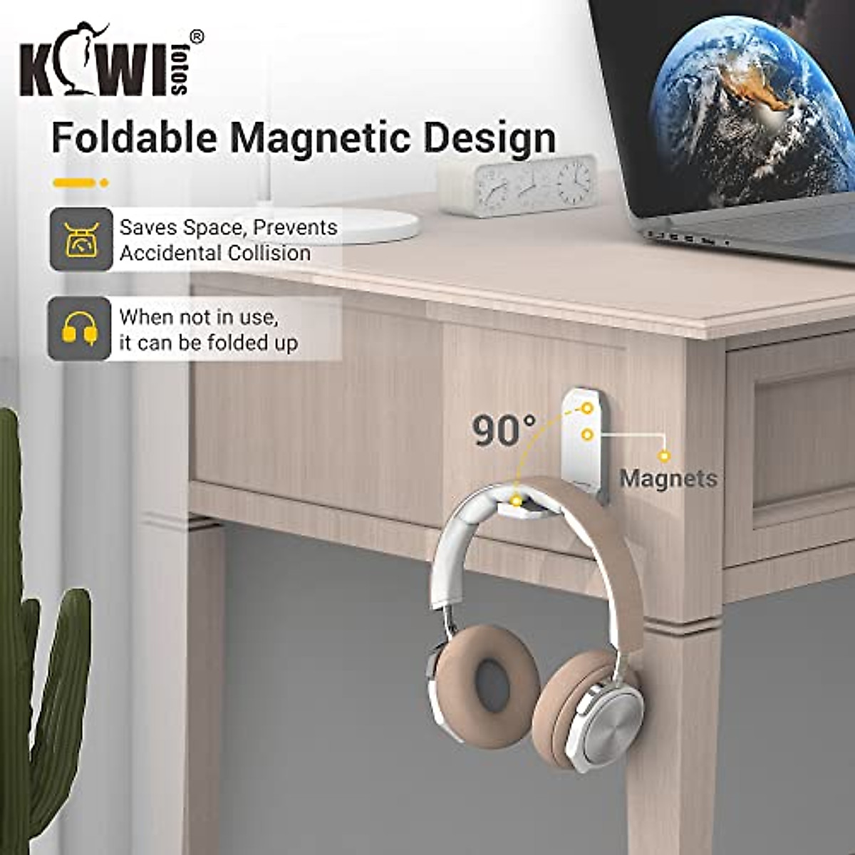 KIWIFOTOS 2 PackA dhesive Desk Headphone Hanger, PC Gaming Headset Holder Stand, Adhesive Holder Mount for Wall, Foldable Headphones Hook Mount Under Desk - White,Two Pack