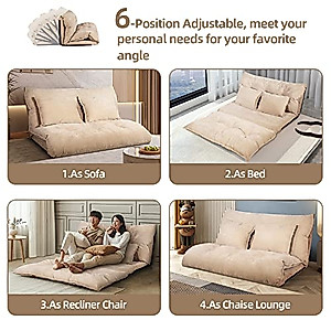 Sucrever Floor Sofa Chair with Adjustable 6-Position and 2 Pillows for Adults, Folding Lazy Sofa Sleeper Bed Couch for Reading or Gaming, Chaise Lounge Chair for Bedroom Living Room, Beige