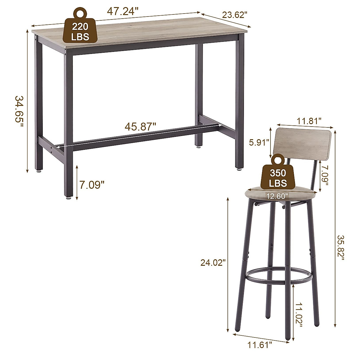 KIVENJAJA Bar Table and Chairs Set for 4, 5-Piece Rectangle Pub Bistro Table and PU Upholstered Stools with Backrest, Counter Height Dining Table Set for Kitchen Breakfast Nook Restaurant, Grey