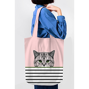 Cute Cat Pink Tote Bag - Cat Gifts for Women - Pink Black Cat Gifts for Cat Lovers - Cat Mom Gifts - Birthday Bags for Cat Lover Gifts - Teacher, Book Tote Bag - Large Reusable for Shopping (Pink Cat)