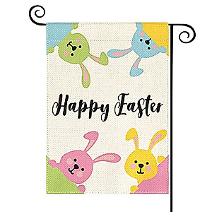 AVOIN colorlife Happy Easter Bunny Garden Flag 12x18 Inch Double Sided Outside, Easter Rabbits Holiday Yard Outdoor Decoration