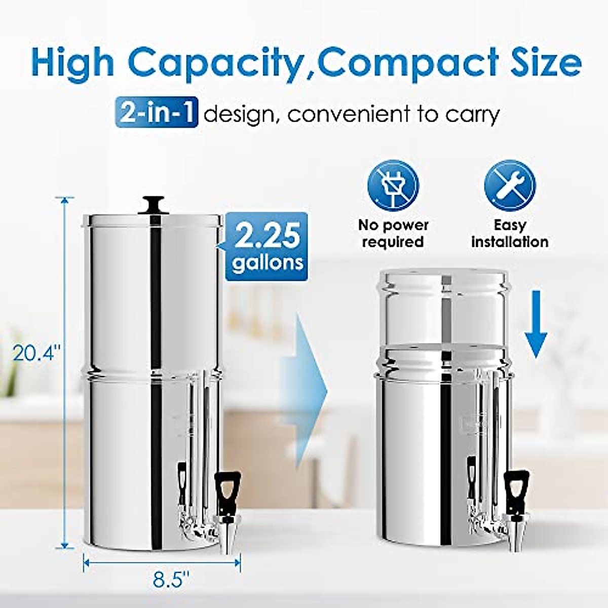 Waterdrop Gravity-fed Water Filter System, NSF/ANSI 372 Certification, 2.25G Stainless-Steel Filter System with 2 Filters and Metal Spigot, Reduces up to 99% of Chlorine-King Tank Series, WD-TK