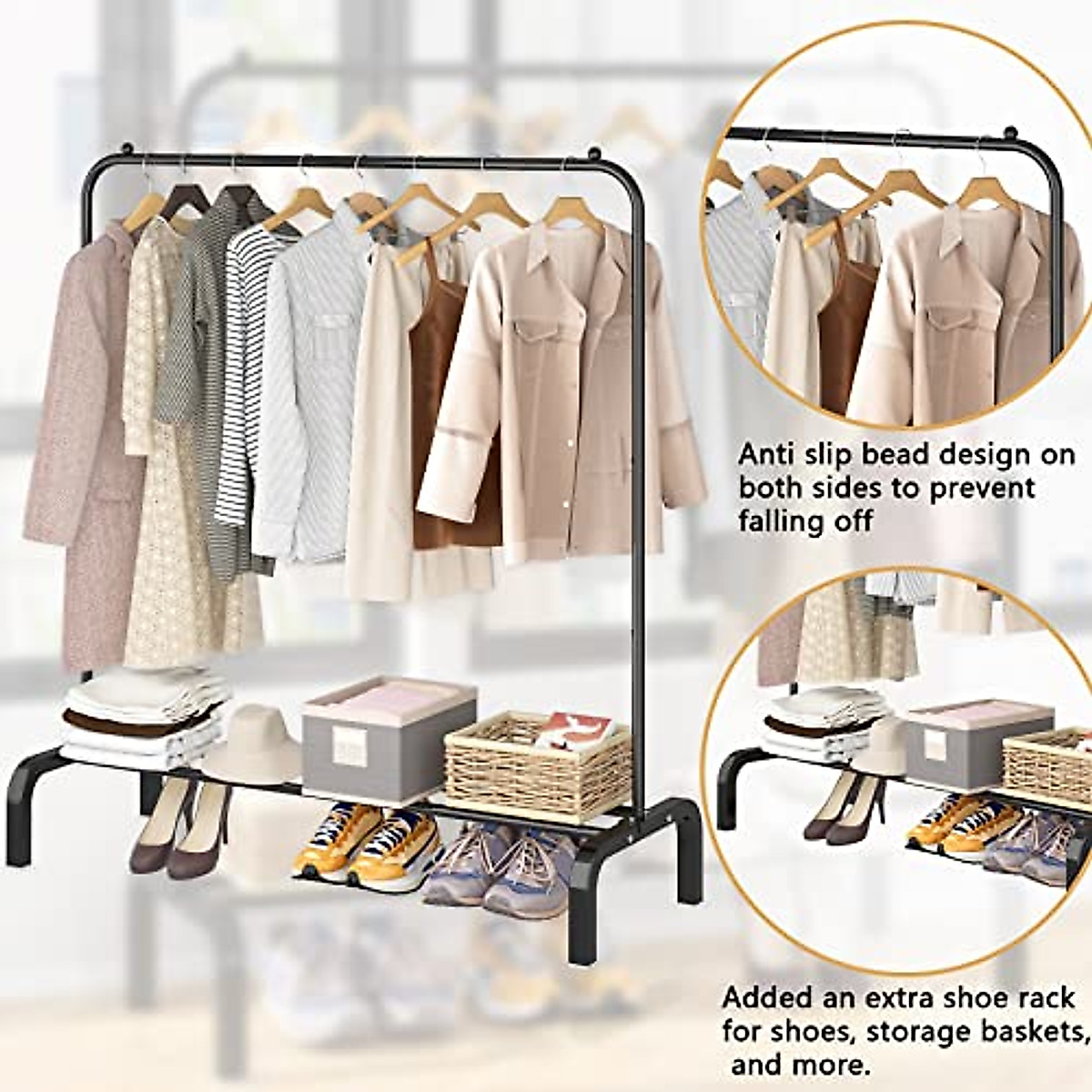 OTROUWORHT Clothes Rack Metal Clothing Rack with Bottom Shelf Garment Rack for Hanging Clothes Shirts Jeans and Coats Black